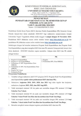 PENGUMUMAN PENDAFTARAN KKN DAN/ATAU PK SEMESTER GENAP PERIODE JANUARI-JUNI TAHUN AKADEMIK 2024/ ...